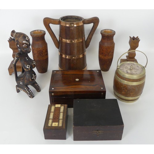 A collection of treen, including a Victorian rosewood workbox, a ...