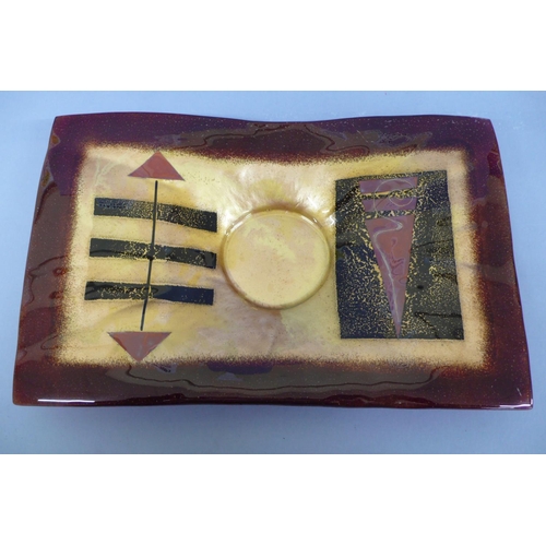 20thC Art Glass rectangular Fruit bowl with geometric designs on a gold ...