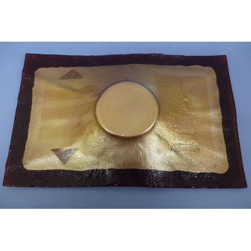 20thC Art Glass rectangular Fruit bowl with geometric designs on a gold ...