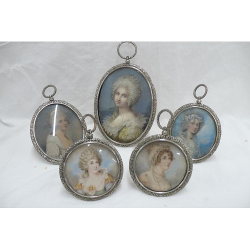 Set of five oval and circular portrait miniatures of beauties on card ...