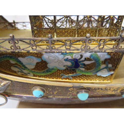 Chinese silver gilt and enamel Royal Junk with decoration of dragons ...