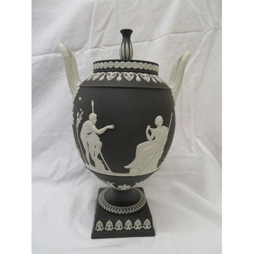 Wedgwood black basalt ware two handled urn with cover with white pâte ...