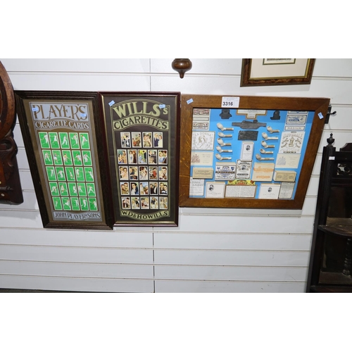 A framed display of old clay pipes and vintage cigarette and match ...