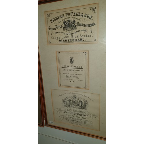 A set of 3 framed pictures of famous Gun Makers motifs