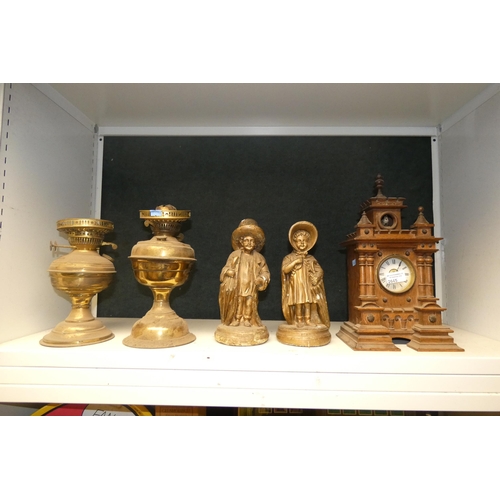 An Edwardian castle shaped wooden mantle clock, 2 gilt work plaster ...