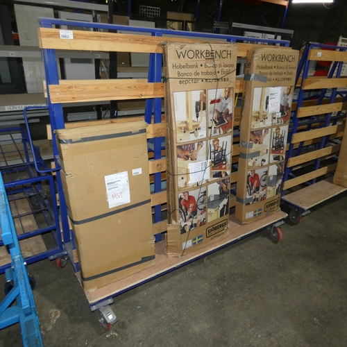 A blue metal wheeled double sided sheet material trolley approx 201 x ...