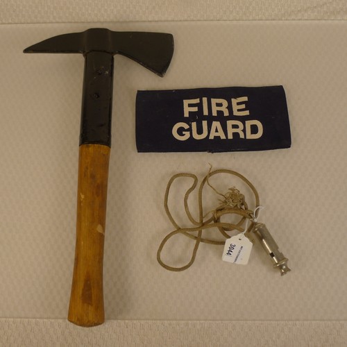 A Perks ARP hand axe, a blue / white Fire Guard arm band and a Hudson ...