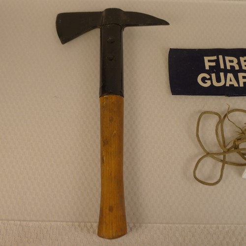A Perks ARP hand axe, a blue / white Fire Guard arm band and a Hudson ...