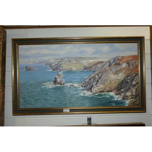An oil on canvas in a gilt frame, subject; a Cornish coastal scene ...