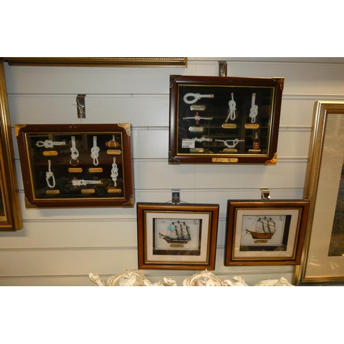Two framed displays of rope knots and two framed sailing ship displays