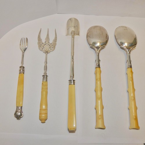 A pair of engraved silver spoons with decorative bone handles, two ...