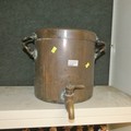 A large heavy copper preserving pan with lid, 4 handles and tap