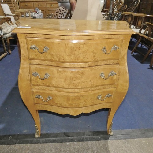 A vintage bombe front birds eye maplewood chest of three drawers ...