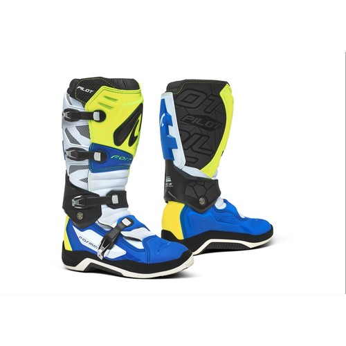 A pair of Forma Pilot Yellow Fluo / White / Blue motorcycle boots RRP £ ...