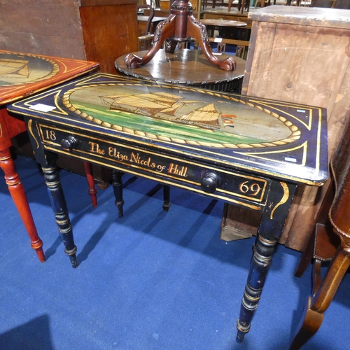 A very ornate painted writing table with one drawer on turned legs with ...