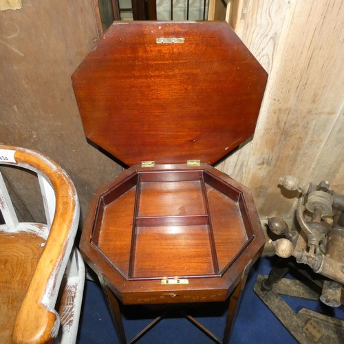 A floral painted mahogany octagonal top work box with a lift lid ...