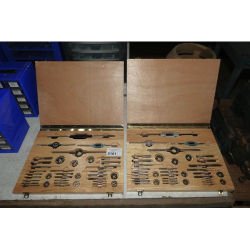 2 x wooden cases each containing a thread cutting tap and die set