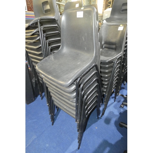 8 x metal framed black plastic stacking chairs