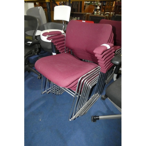 8 x Howe burgundy upholstered metal framed stacking chairs