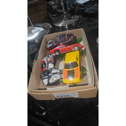 2 x Scalextric cars, 2 x Scalextric motorcycles with side cars, 1 x ...
