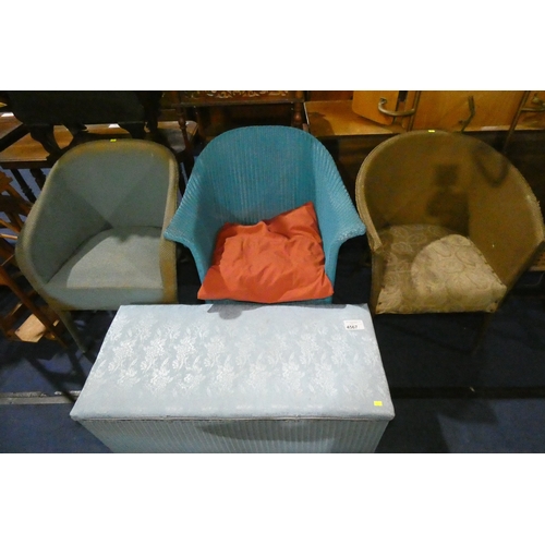 A blue painted Lloyd Loom conservatory tub chair, two wicker work tub ...