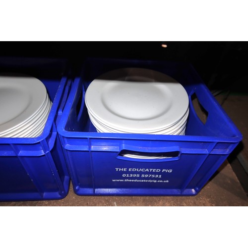 4 x blue storage boxes containing a quantity of various white crockery ...