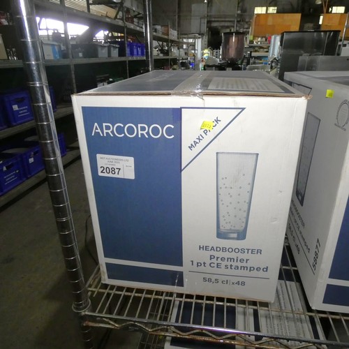 An unused box of 48 CE stamped pint glasses by Arcoroc type Headbooster