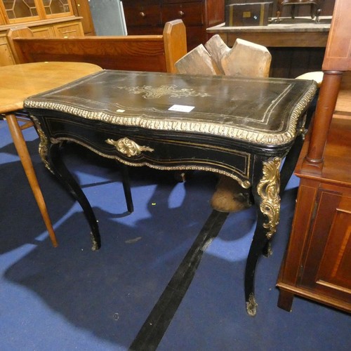 A 19th Century marquetry brass inlaid ebonized side table with ormalu mounts on cabriole legs, appro