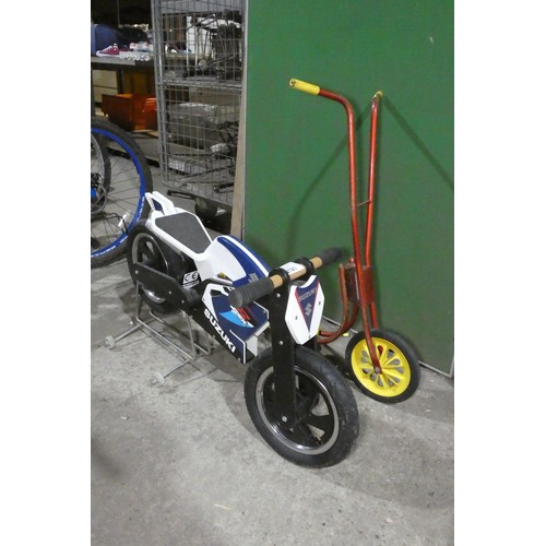1 x Suzuki balance bike and 1 x vintage Raleigh scooter