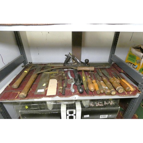 A quantity of miscellaneous vintage hand tools including chisels, axes ...
