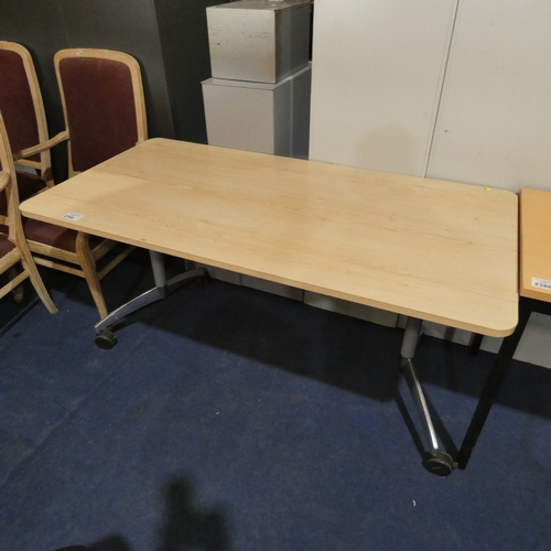 A Senator light wood effect flip top table on a wheeled base approx 150 ...