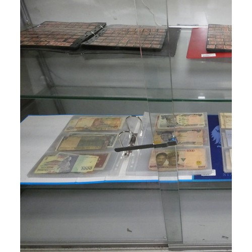 An album containing a collection of foreign banknotes