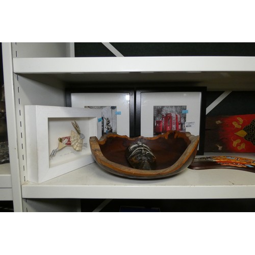 Two decorated boomerangs, three wooden framed pictures, a small sewing ...