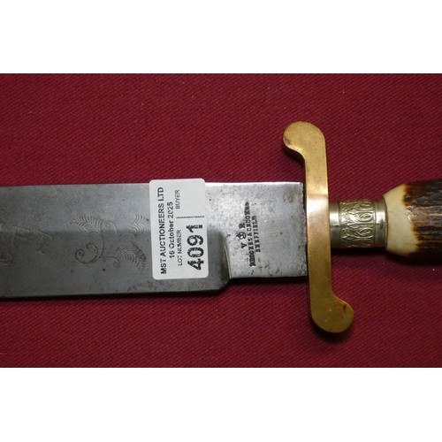 A decorative vintage fixed blade knife with stag antler handle, blade ...