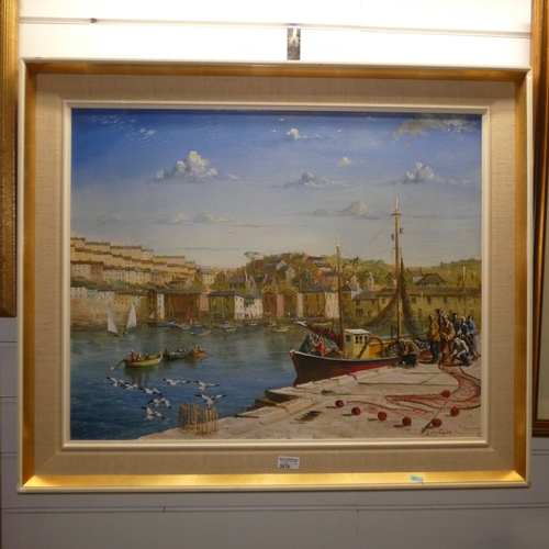 A large framed oil on canvas of a fishing Harbour scene, signed Terry ...
