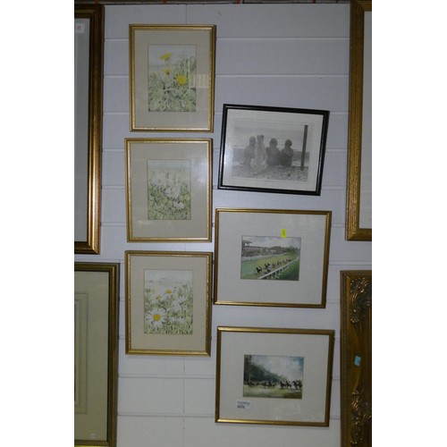 Three small gilt framed floral prints, 2 gilt framed racing prints and ...