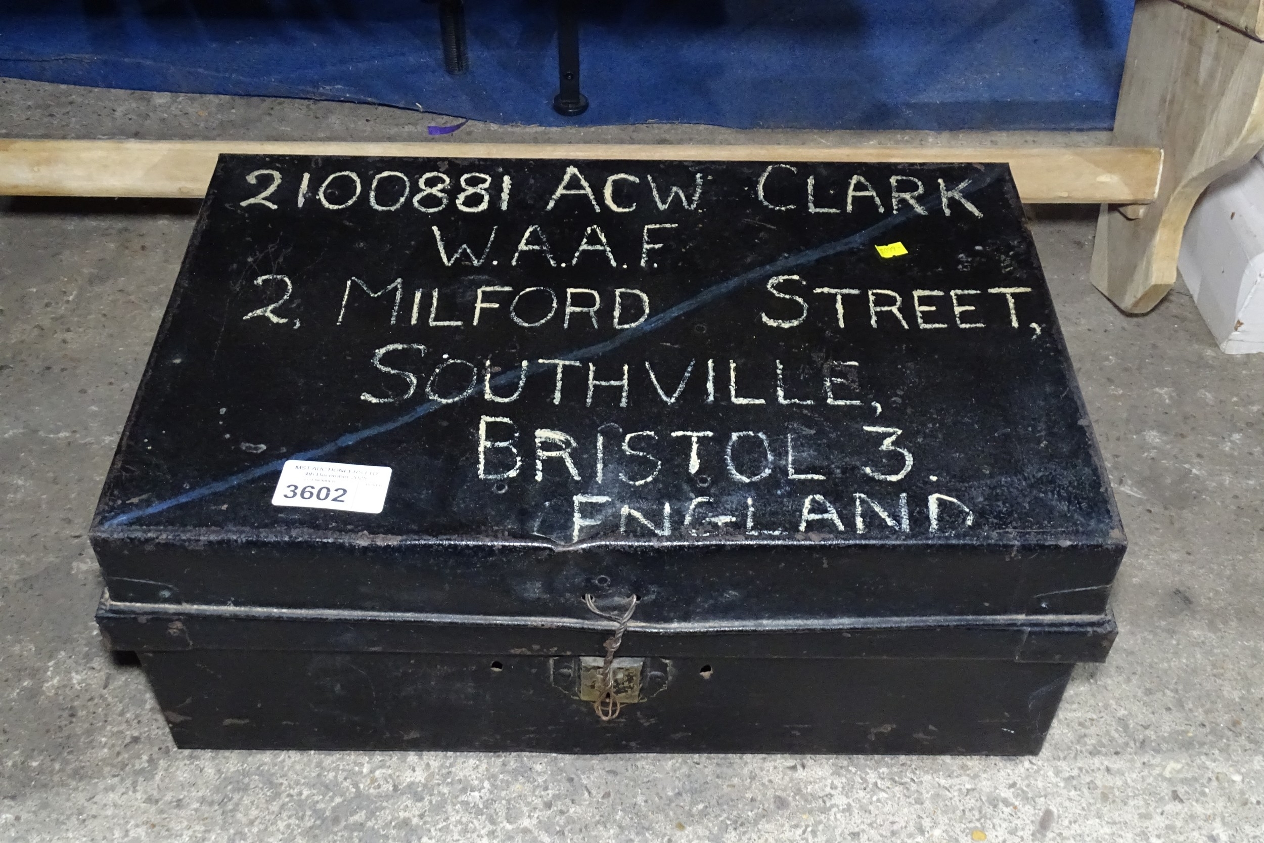 A vintage black metal strong box with a lift lid & side handles approx ...