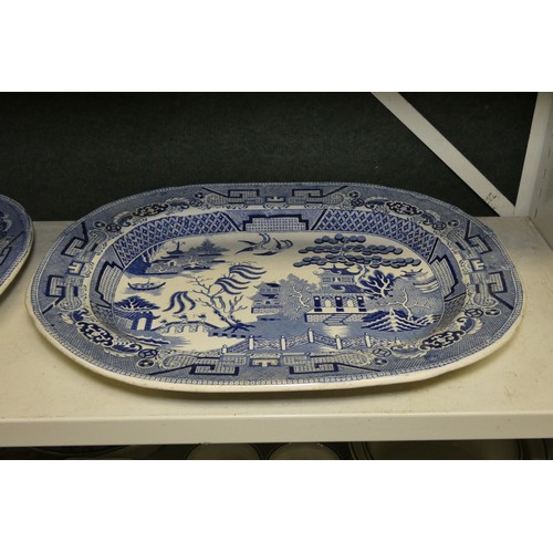 A part green patterned dinner service, two large blue and white Willow ...