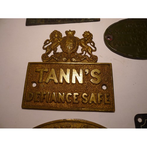 12 x various vintage metal signs / badge plates including brass safe ...