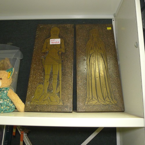 A pair of vintage brass rubbing plaques of a medieval knight and lady ...