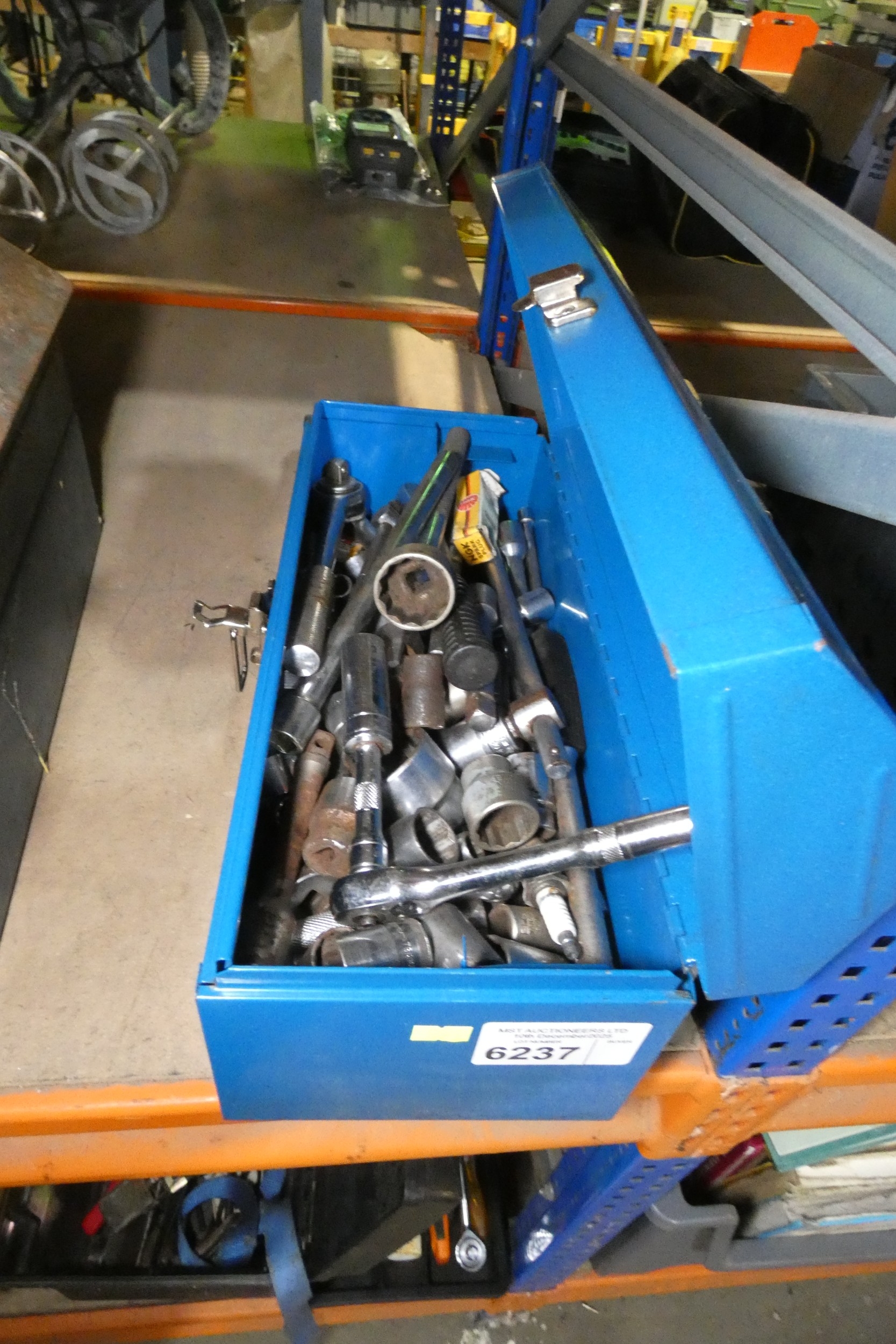 1 x blue metal tool box containing a quantity of various hand tools