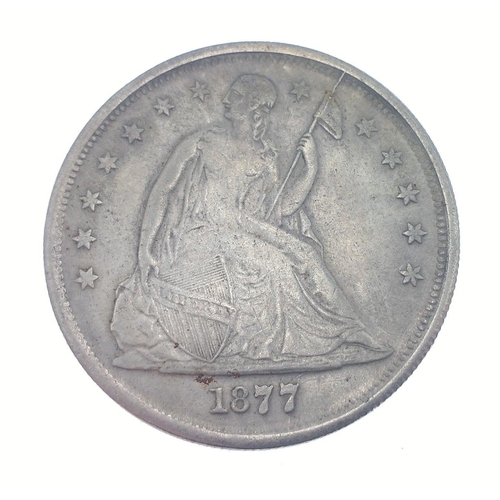1877 United States Trade Dollar. Seated Liberty coin. Wear to high ...