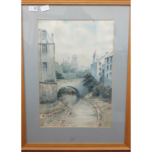A large framed watercolour painting of the Dean Village in EDINBURGH by ...
