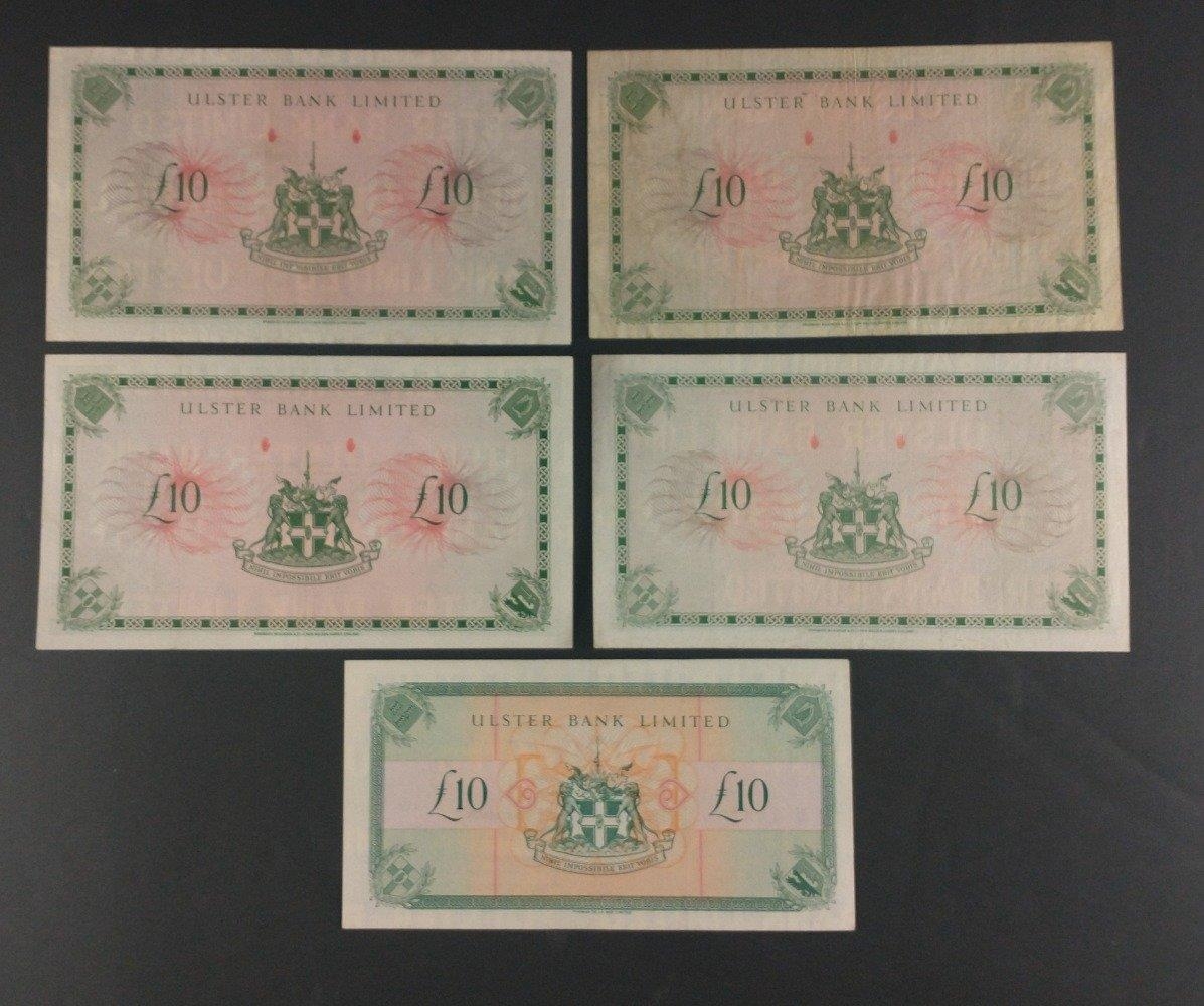 Five ULSTER BANK LIMITED ten pound notes - 2 from 15th Feb 1971, the ...