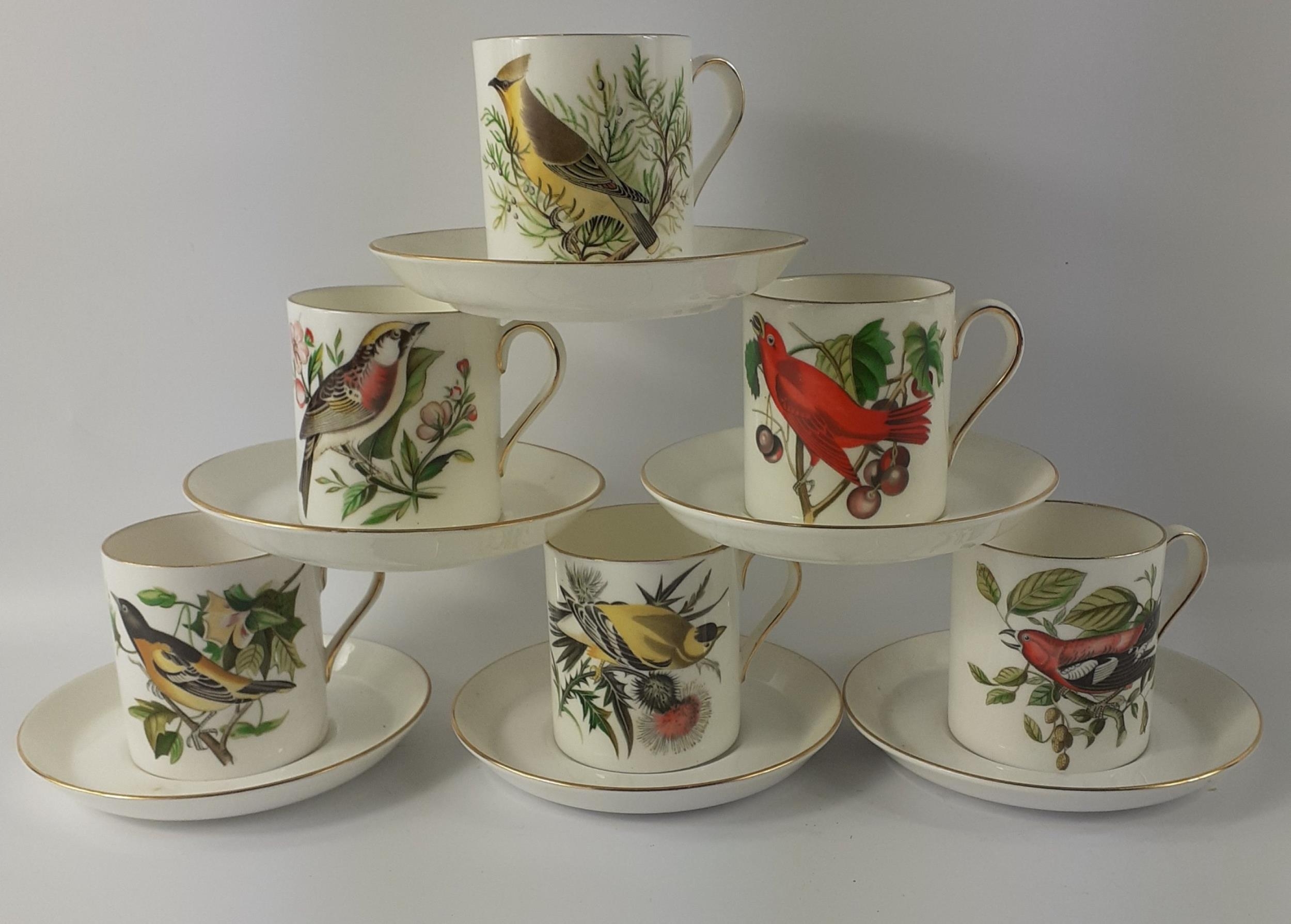 Six ROYAL TUSCAN fine bone china coffee cans and saucers with various ...