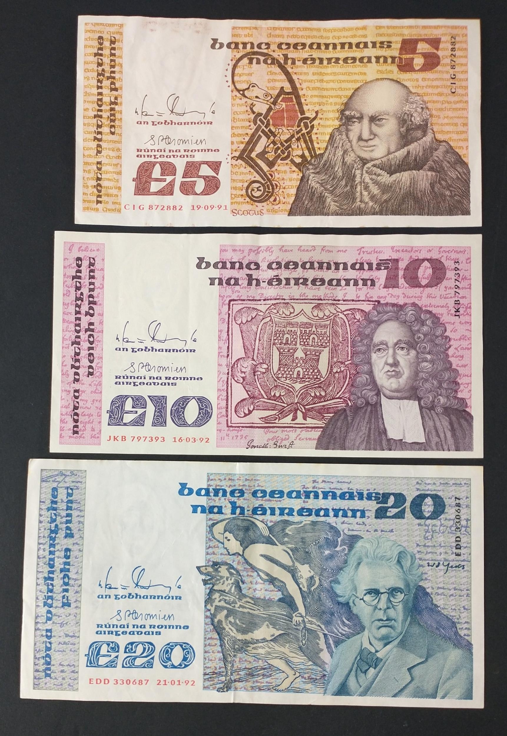 Irish bank note interest - from 1991/1992 a five pound, ten pound and ...