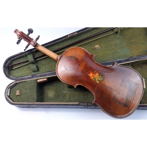 Late Victorian German violin and bow in original case. Beautiful floral ...