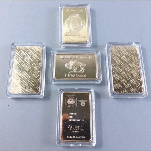 Five modern replica gold plated ingots to include a Nazi bar, two Swiss ...
