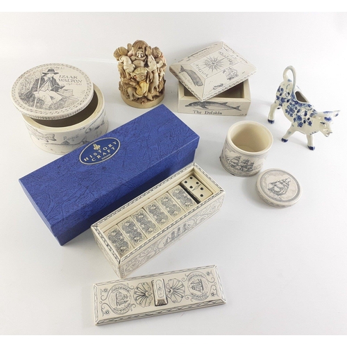 Four pieces of modern scrimshaw ware and an ANTIQUARK lidded box with ...