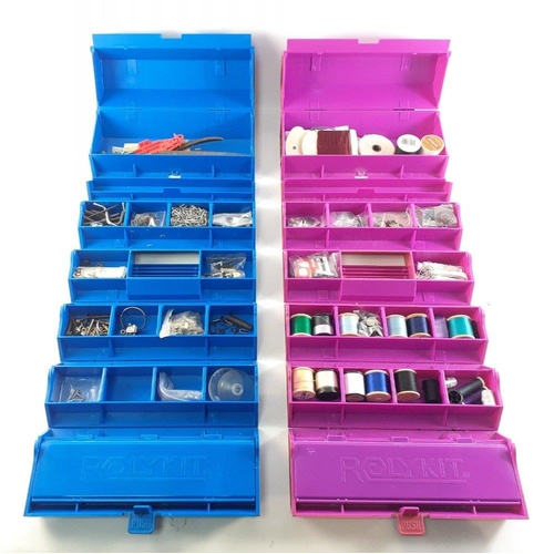 2 ROLYKIT BOXES one is stuffed with sewing equipment needles, thread ...